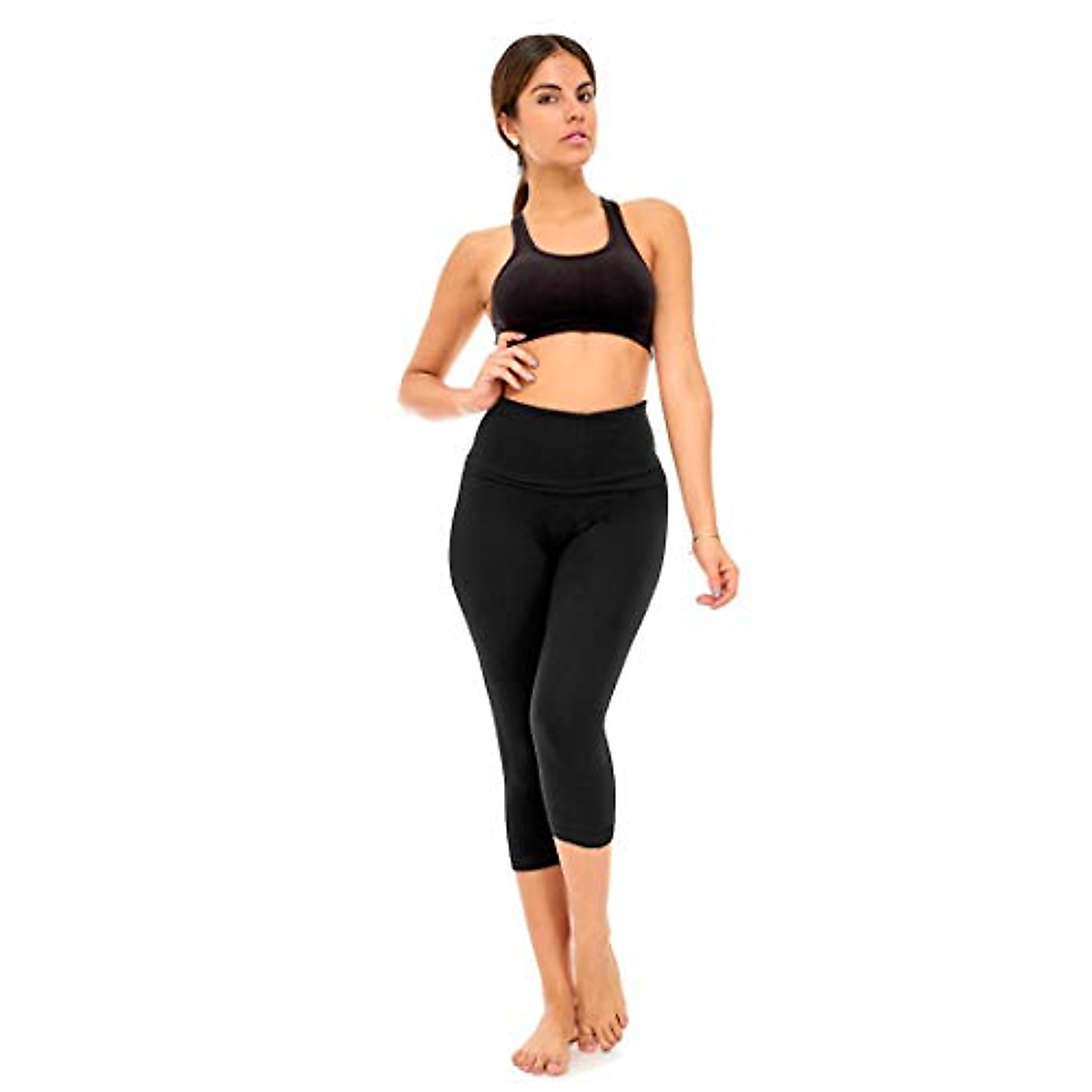 DEAR SPARKLE Fold Over Yoga Pants for Women Cotton Leggings Foldover High Waist Leggings Capri Plus Size (C7 F) (Black, X-Large)