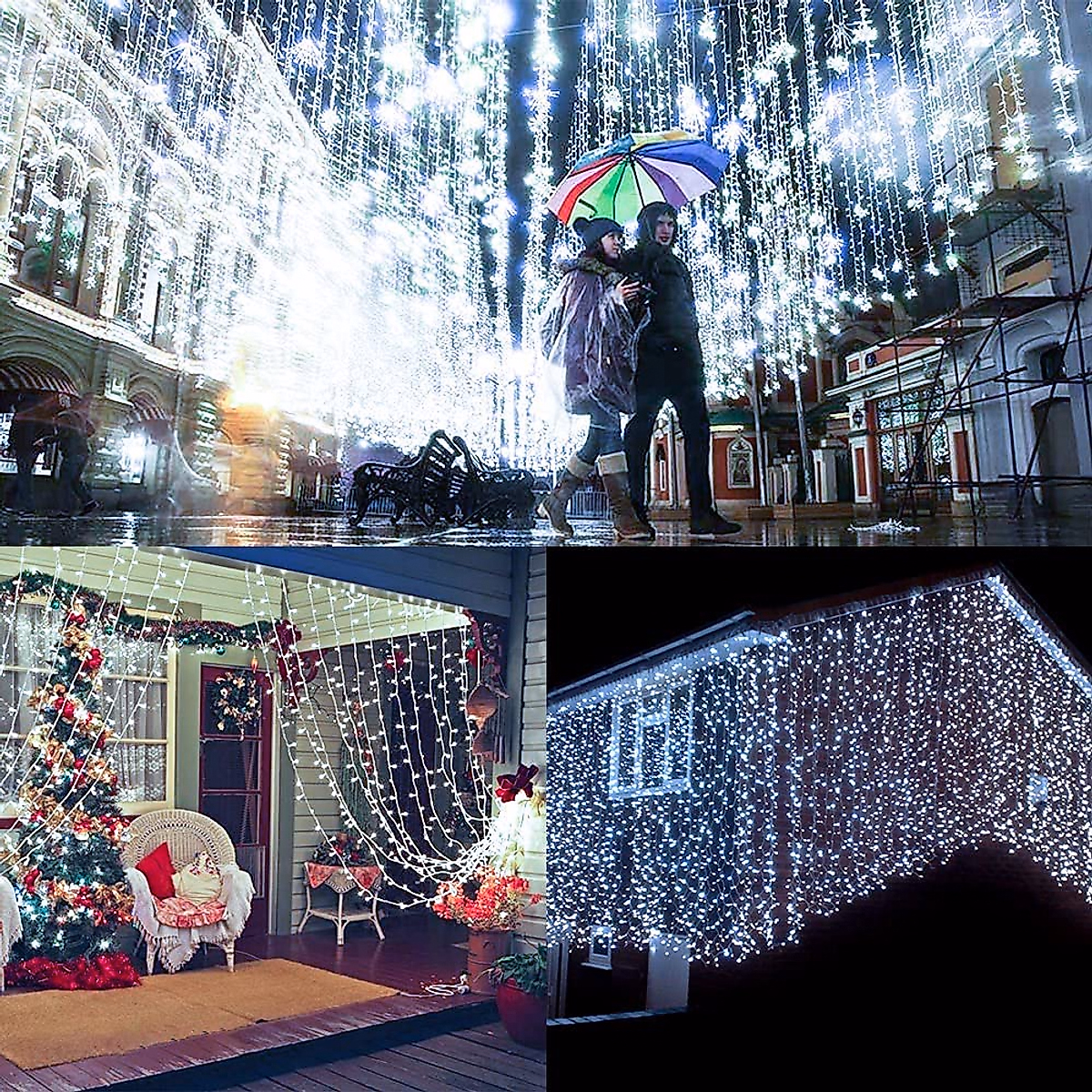 Solar Curtain Lights Outdoor Garden 300 LED Fairy String Lights 8 Modes Remote Control Waterproof Solar Waterfall Lights for Gazebo Patio Party Home Festival Wedding Wall Christmas Decorations(White)