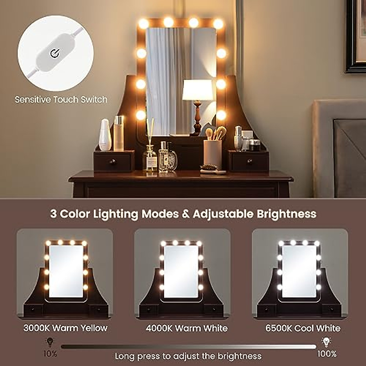 CHARMAID Makeup Vanity Desk with Lighted Mirror, 3 Color Lighting Modes, Adjustable Brightness, 3 Drawers, Removable Dividers, Bedroom Dressing Table Vanity Set with Stool for Girls Gift (Espresso)