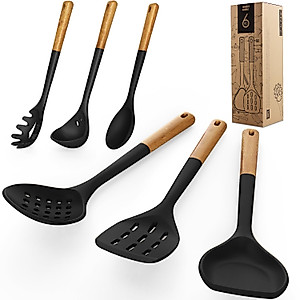 Large Silicone Cooking Utensils Set - Heat Resistant Silicone Kitchen Utensils for Cooking w Wooden Handles, Spatula Set, Kitchen Utensil Gadgets Sets for Non-Stick Cookware, BPA Free (Black)