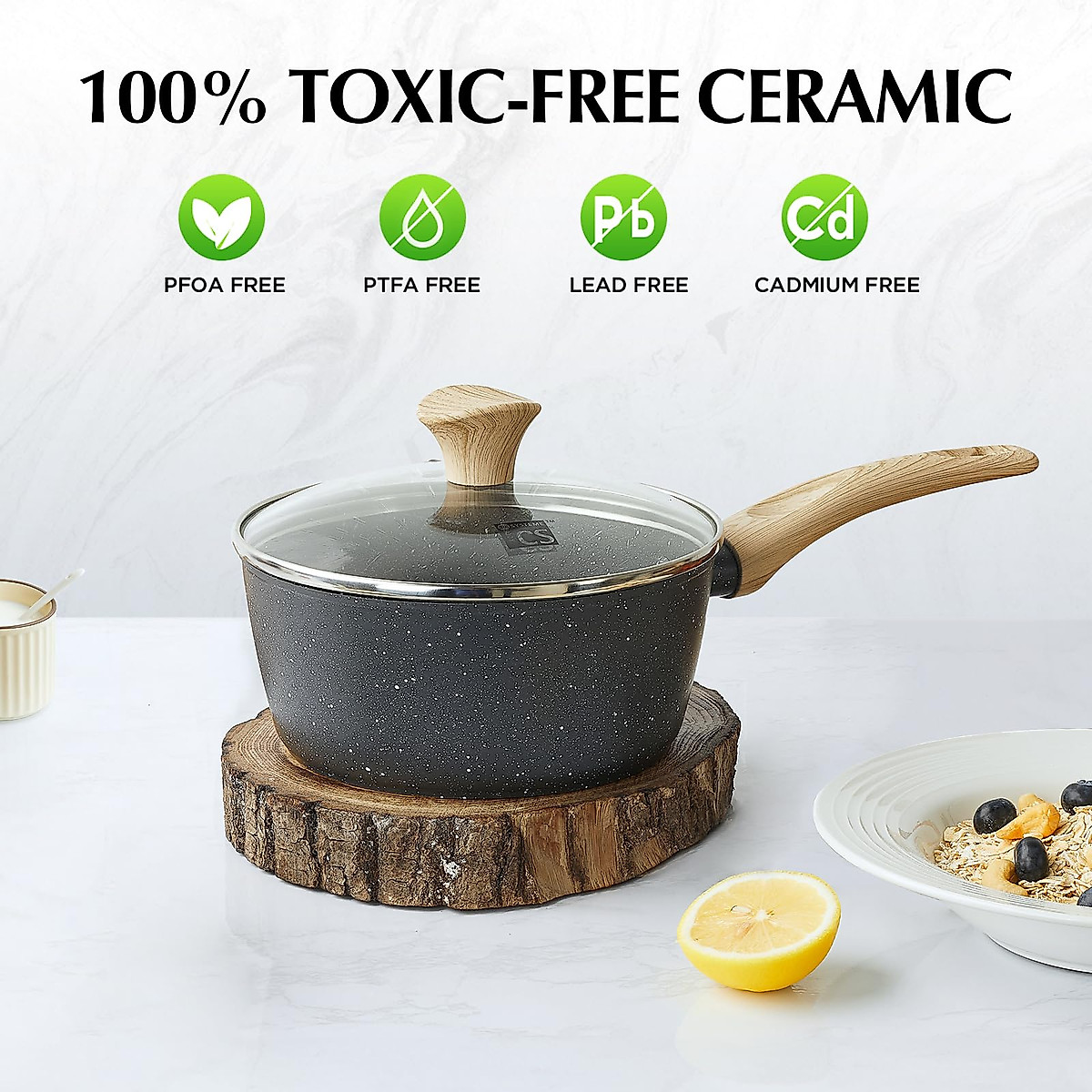 KOCH SYSTEME CS Saucepan with Lid, Nonstick 3 Quart Sauce Pan with Lid, Black Marble Coatings, Granite Saucepan with Comfortable Bakelite Handle, Small Cooking Pot, 3 Quart Saucepan with Lid