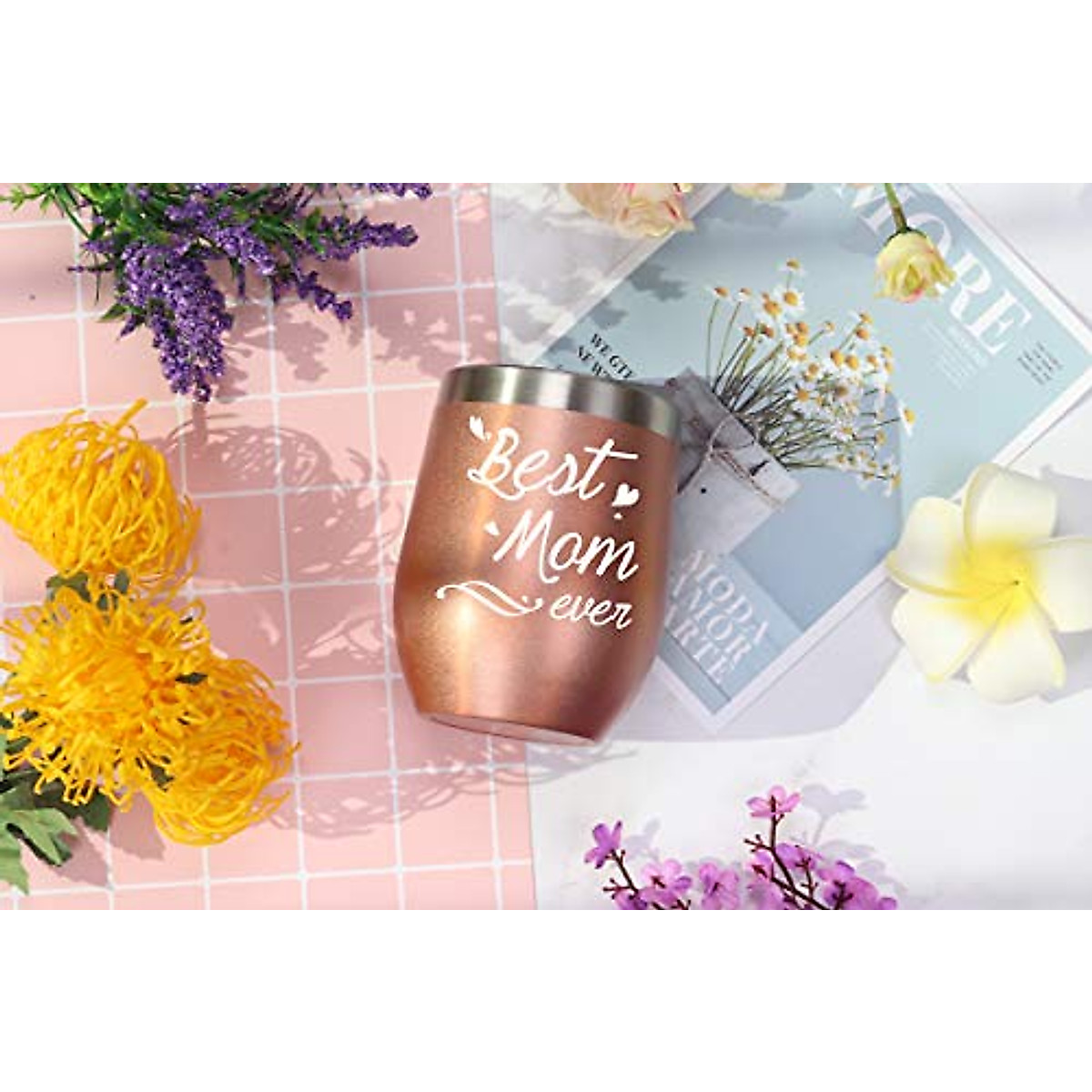 Best Mom Tumbler Best Mom Ever Tumbler with Straw and Lid Best Mom Ever Wine Tumble Birthday Mothers Day Gifts for Mom from Daughter Son New Mom Wine Tumbler 12 Ounce with Gift Box Rose Gold