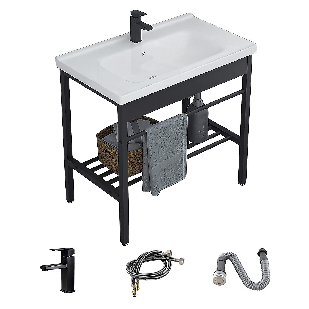 Freestanding Bathroom Console Sink, Bathroom Vanity with Sink, 28.3" x 19" x 32.3" Ceramic Console Sink Set With Bracket, Utility Sink for Laundry Room, Washing Room, Garage, Basement, Outdoor, Indoor