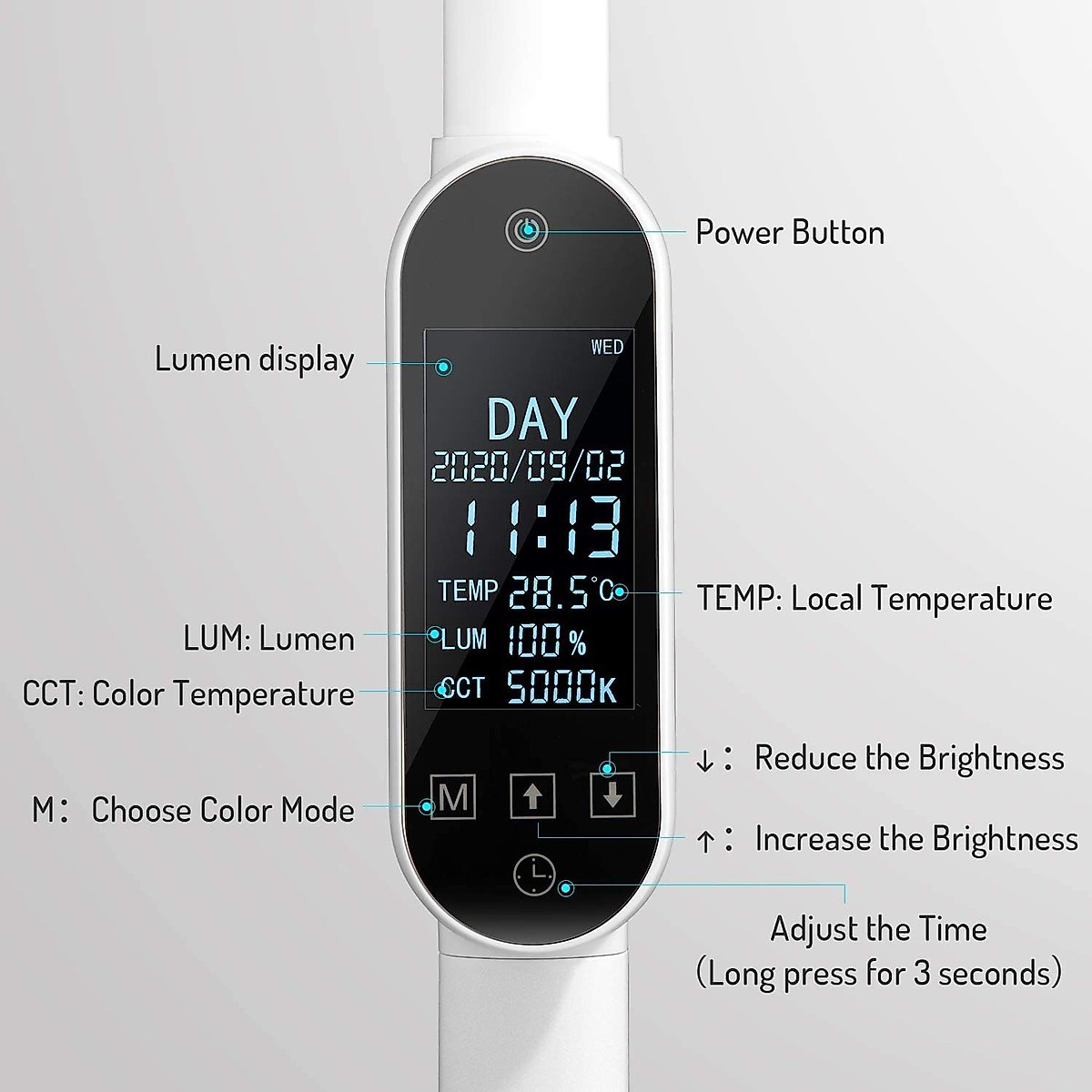 CELYST 15W LED Desk Lamp with Clamp, Date, Calendar, Touch Panel, 28.3 Long Arm Flexible Desk Light for Video Conferencing, Architect/Task/Drafting Light, 3 Color Modes, 15 Brightness Dimmable, White
