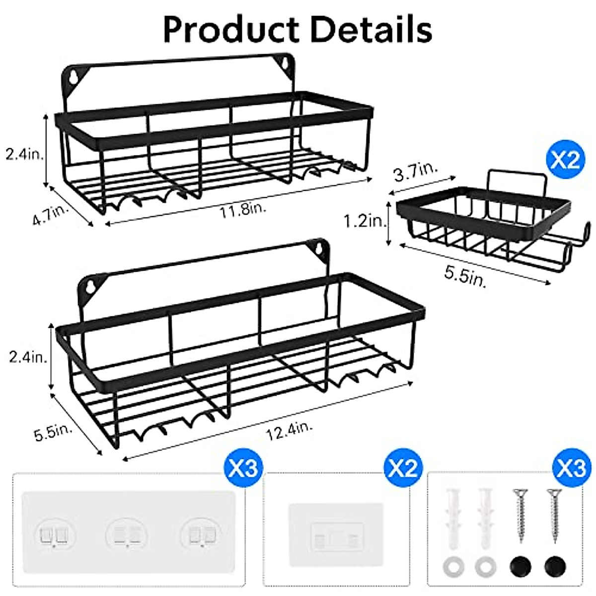 Awegety 4 Pack Shower Caddy Shelf Organizer with Soap Holder, Shower Shelves Basket with Adhesives/Screws Stainless Steel Bathroom Shelves with Hooks, Shower Storage Rack for Bathroom Kitchen Black