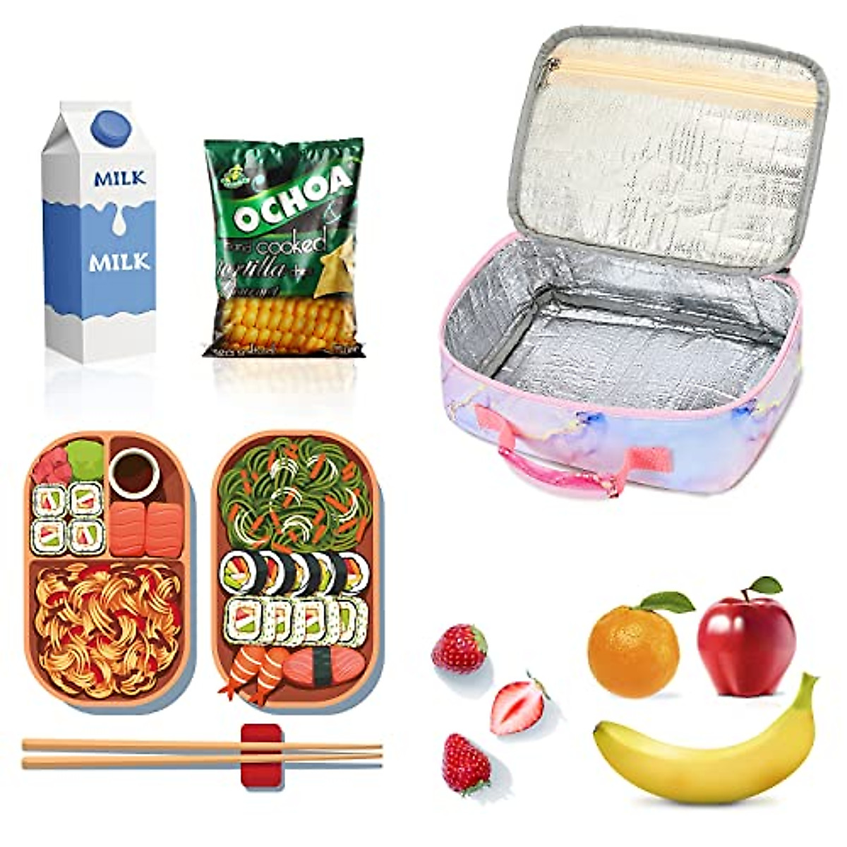 LOIDOU Lunch Box Kids Girls Boys Insulated Lunch Bag Thermal Meal Tote Women Reusable Lunch Pail Bags for School Travel (Marble Pink)