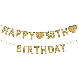 Gold Happy 58th Birthday Banner, Glitter 58 Years Old Woman or Man Party Decorations, Supplies