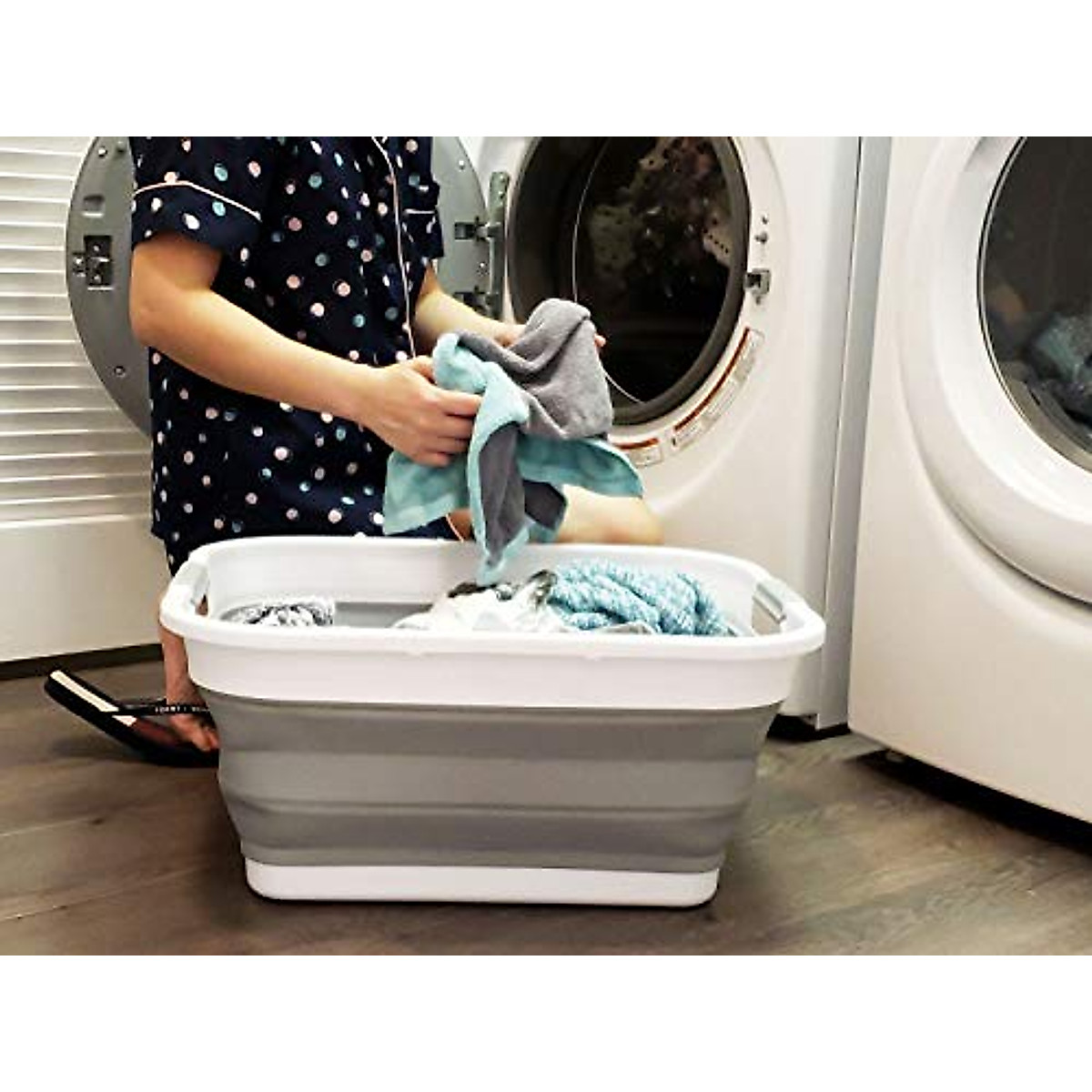 SAMMART 41L(10.8 gallon) Collapsible Plastic Laundry Basket-Foldable Pop Up Storage Container/Organizer-Portable Washing Tub-Space Saving Hamper, Water capacity: 32L (8.4 gallon) (Rectangular, Grey)