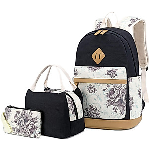 Bluboon School Backpack Set 3 Pieces Lightweight Canvas Teen Girls Bookbags Lunch Box Pencil Case (Black-flower)