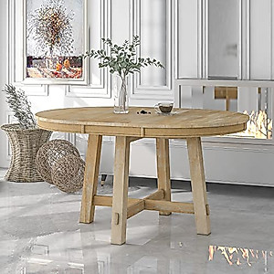 Merax Round Wood Dining Table, Farmhouse Round Extendable Dining Table with 16" Leaf For Kitchen (Natural Wood Wash)