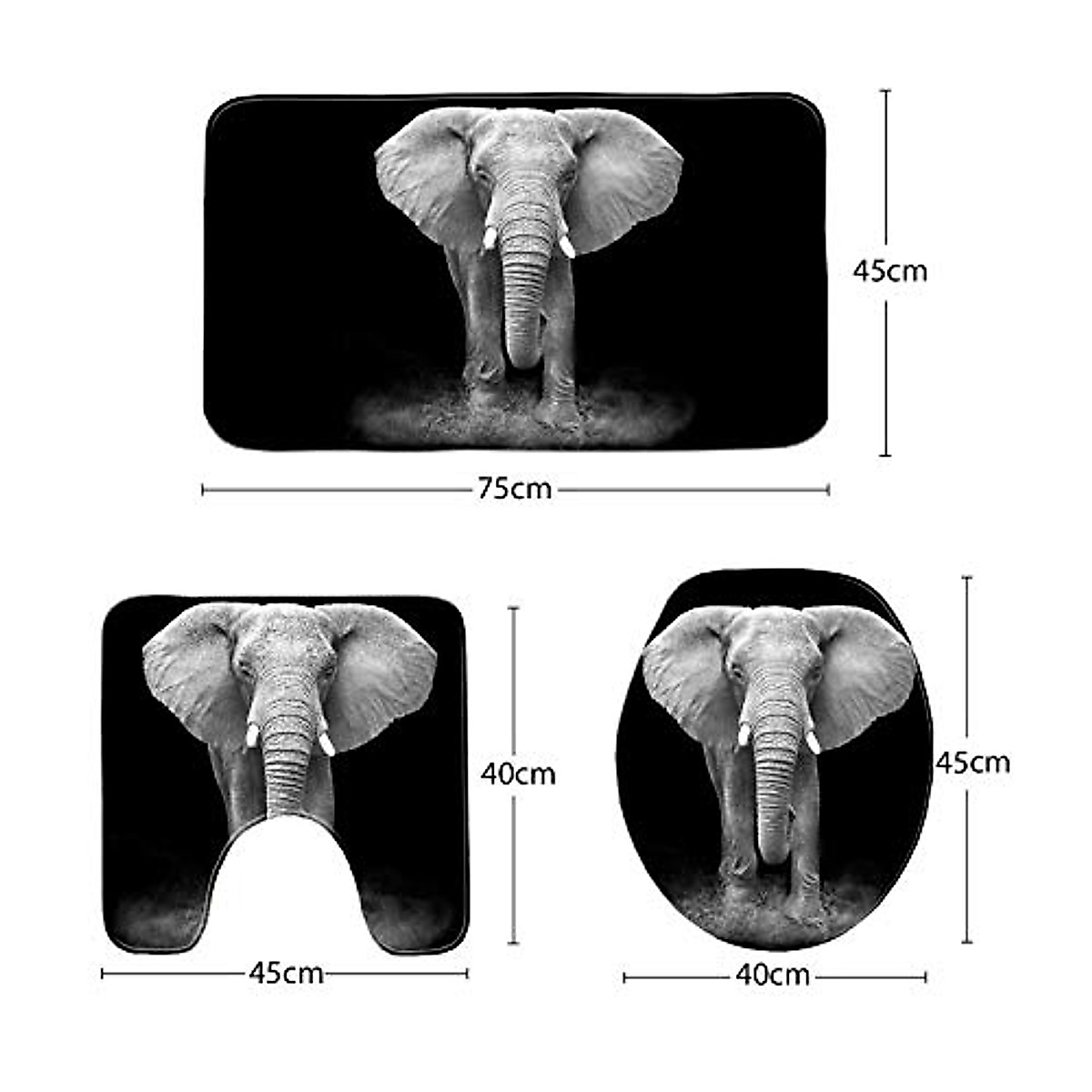 Amagical Elephant Art Black and White Photography 16 Piece Shower Curtain Set Bath Mat Set Non Slip Bathroom Mat Contour Rug Mat Toilet Cover Shower Curtain with 12 Hooks