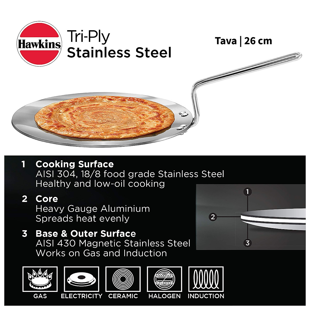 HAWKINS Tri-ply Stainless Steel Tava 26 cm