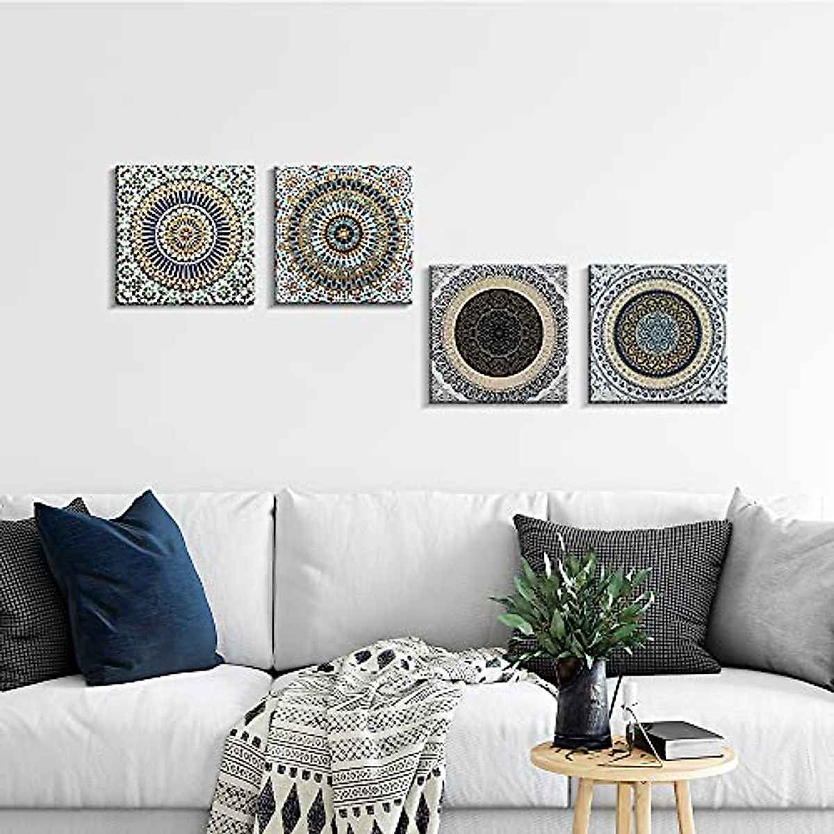 Bathroom Decor Boho Canvas Wall Art 4 Panel Mandala Canvas Print Artwork for Living Room Bedroom Decoration (12"x12"x4, B)