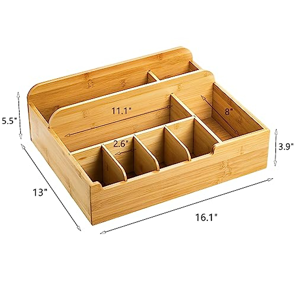 Frcctre Bamboo Utensil Caddy Organizer for Countertop, 8 Compartment Paper Plate Holder, Adjustable Utensil Holder Silverware Organizer Cutlery Organizer Box for Plate, Cup, Fork, Spoon, Napkin