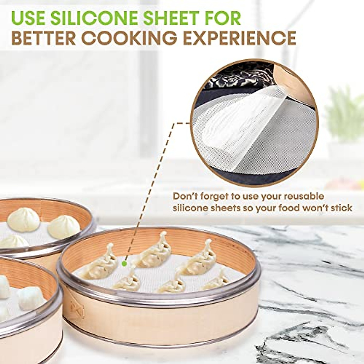 Bamboo Steamer 3 Tiered 9.5" Multifunction Dumpling Vegetable Bun Rice Baskets Steamers Stacking Basket for Efficient Food Steaming and Cooking with Stainless Steel Cook Ring and Silicone Sheet Liner