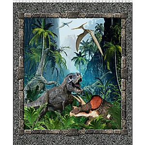 36.5" X 44" Panel Dinosaurs Jurassic T-Rex Jungle Ancient Prehistoric Animals Cotton Fabric Panel (D678.80)