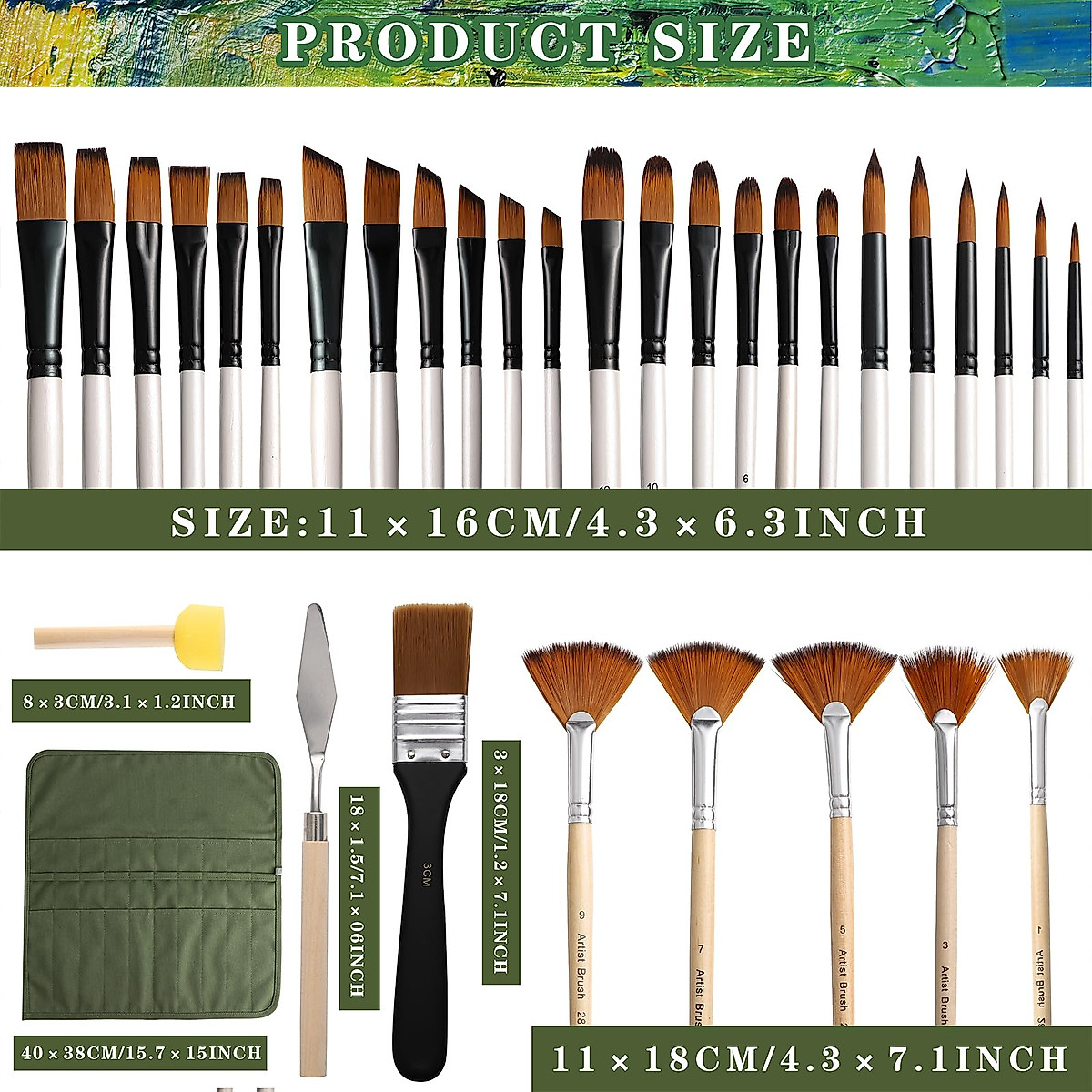 33 Pcs Paint Brush Set, Acrylic Paint Brushes with Board Brush, Sponge Brush, Scraper and Paintbrush Bag, for Kids Adults Oil Watercolor Acrylic Painting