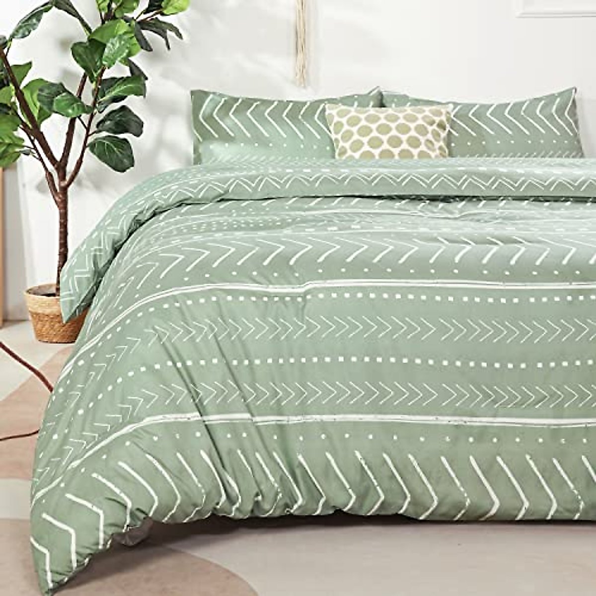 Smoofy Aztec Sage Green California King Size Comforter Set, Pattern Bedding Sets Cal King Boho Aztec Bohemian King Comforter Set with Soft Microfiber Fill Bedding, 1 Comforter 2 Pillowcases