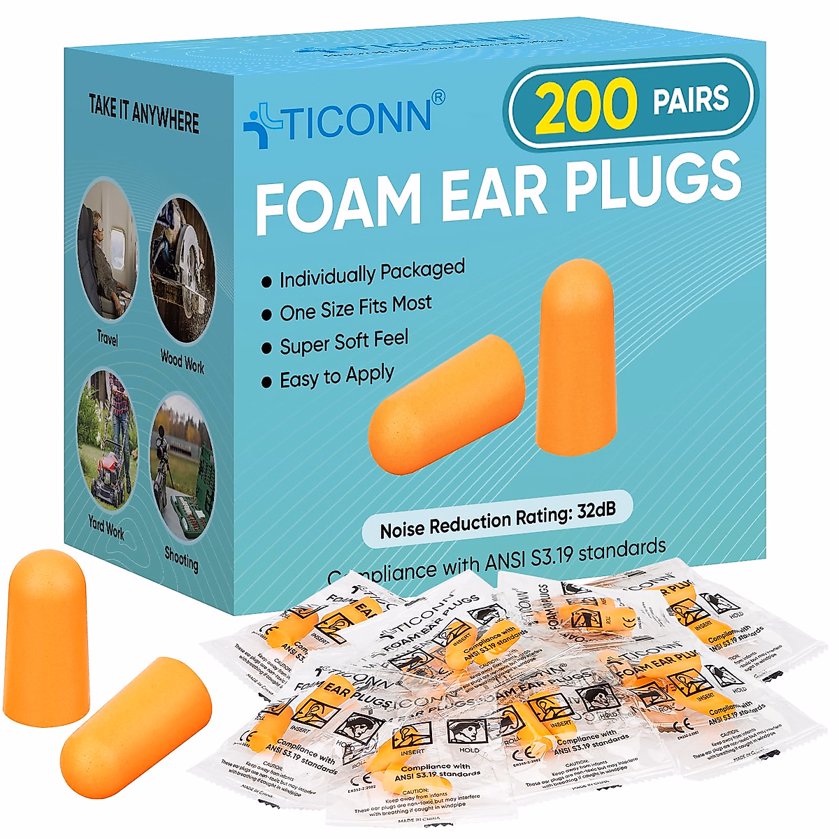 TICONN 200 Pairs Ear Plugs, 32dB Noise Reduction Earplugs for Sleeping Hearing Protection Travel Study Concentration Construction Site (200 Pairs)