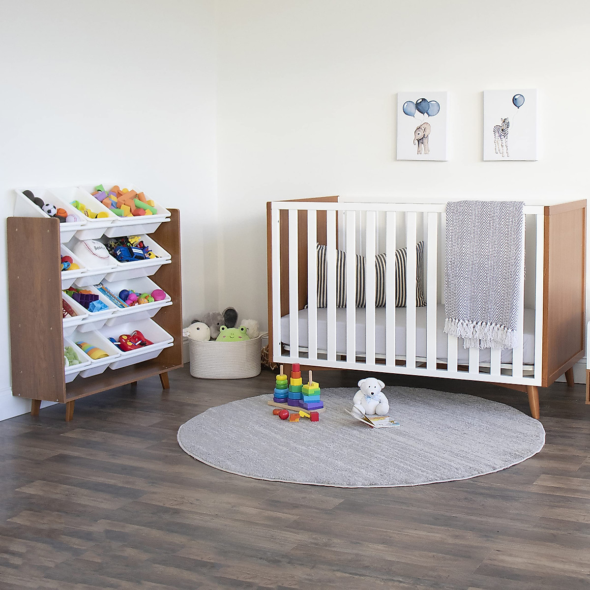 Humble Crew 12-Bin Toy Storage Mid-Century Organizer, Wood/White