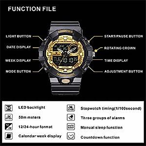 PINIDOUS Mens Watch for Men Digital Sport Watch Gold Watches Waterproof Watches with 3 Alarms/Countdown/Stopwatch/Digital-Analog/Dual Time/Light/Military Multifunctional Wrist Watch