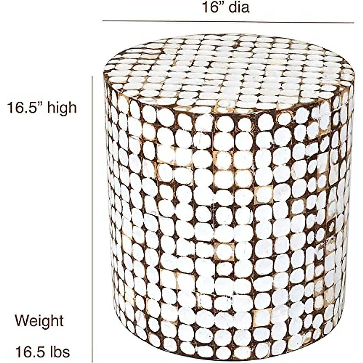 East at Main Round Side Table - 16”Dia x 16.5” h Living Room, Entryway, Small Spaces, Bedside Tables - Real Coconut Shell Mosaic Inlaid, Pre-Assembled, White Patina Finish