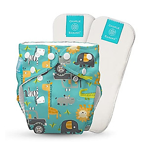 Charlie Banana Baby Fleece Reusable and Washable Cloth Diaper System, 1 Diaper and 2 Inserts, Gone Safari, One Size