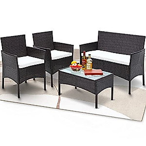Mr IRONSTONE 4 Pieces Patio Furniture Set, Outdoor 2 Rattan Chairs Wicker Sofa with Tempered Glass Side Table and Soft Cushions, Outdoor Conversation Sets for Patio, Lawn, Garden, Poolside, Balcony