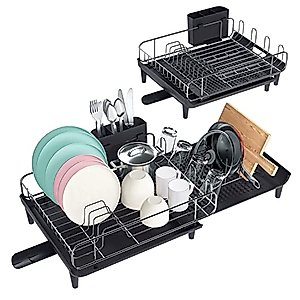 JINGFU Dish Drying Rack - Stainless Steel Dish Racks for Kitchen Counter, Large Dish Drying Rack with Drainboard, Dish drainers for Kitchen Counter,Expandable Dish Rack for Cups, Cutlery, Pot&lid
