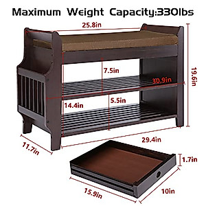 NURTUDIS Shoe Rack Bench,Bamboo Shoe Storage Stool with Removable Cushion, 2-Tier Entryway Shoe Storage Organizer Shelf with Side Drawer and Book/Umbrella Basket for Living Room, Bedroom(Medium)