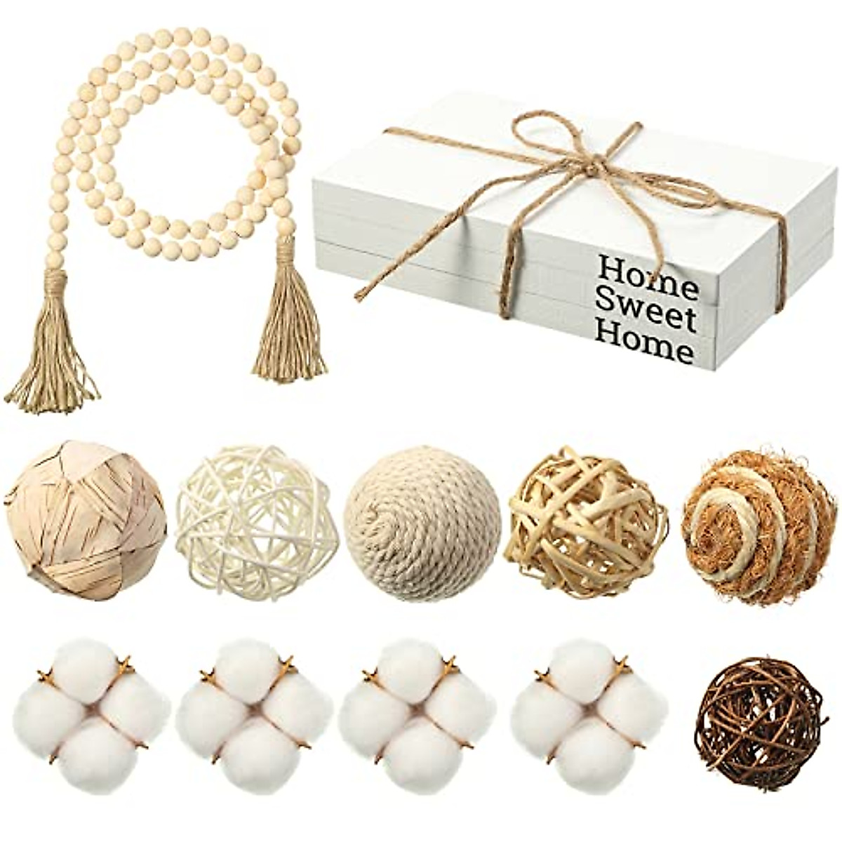 Yerliker Decorative White Books Set Farmhouse Home Coffee Table Faux Stacked Books with Wood Bead,and Spherical Wicker Rattan Ball,Cotton Bowl and Vase Filler for Living Room Shelf Decor