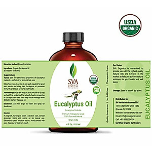 SVA Organics Eucalyptus Essential Oil Organic 4 Oz USDA with Dropper 100% Pure Natural Undiluted Premium Therapeutic Grade Oil for Diffuser, Aromatherapy, Face, Body & Hair Care