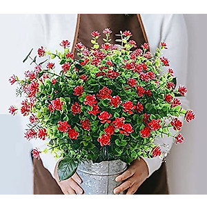 20 Bundles Artificial Flowers Outdoor Fake Flowers Faux Boston Plants Plastic Bouquet Fake Greenery UV Resistant No Fade Faux Shrubs Home Garden Porch Patio Office Yard Indoor Decoration (Red)