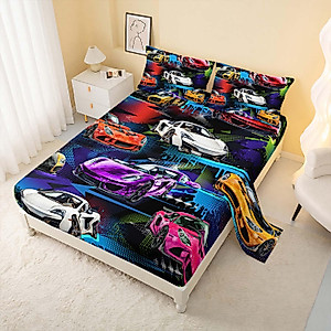 AILONEN Racing Car Fitted Sheet for Kids,Boys Twin Size, Extreme Sports Bedding Sets,Cool Speed Race Bed Sheet Set,Colorful Car Bedsheets Set,1 Flat Sheet & 1 Fitted Sheet + 2 Pillowcases,4-Piece