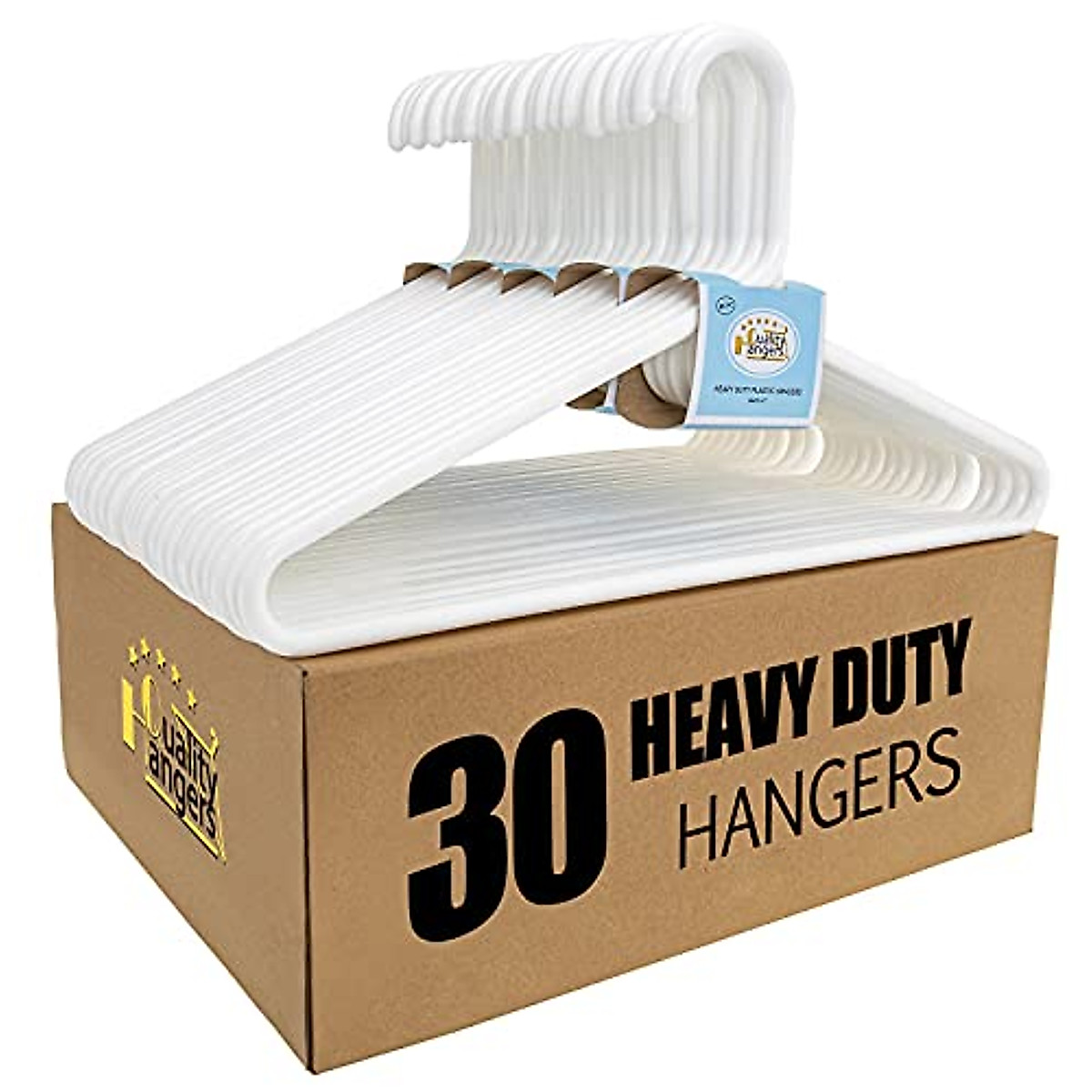 Quality White Hangers 30-Pack - Super Heavy Duty Plastic Clothes Hanger Multipack - Thick Strong Standard Closet Clothing Hangers with Hook for Scarves and Belts-17 inch Coat Hangers (White, 30)