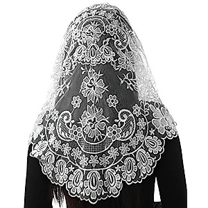 Bozidol Triangle Catholic Church Mantilla Veils for Religious Christian Floral Lace Scarf Shawl Veil with Hairclips (White)