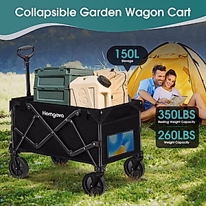 Homgava Collapsible Folding Wagon Cart 150L, Heavy Duty Garden Cart with All Terrain Wheels,Portable Large Capacity Utility Wagon Cart for Camping Fishing Sports Shopping,Black