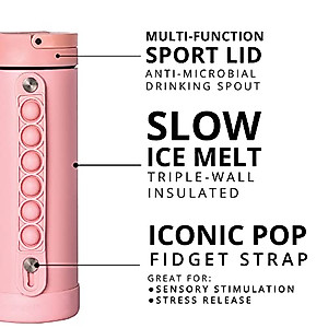Elemental 14 oz Iconic Pop Fidget Water Bottles, Kids Bottles for School Girls and Boys, Triple Wall Vacuum Insulated Stainless Steel Leak Proof Kid Bottle with Straw Lid - Rose