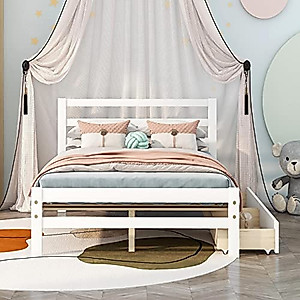 Harper & Bright Designs Full Bed Frame with Drawers, Kids Platform Full Bed with Storage, Solid Wood, No Box Spring Needed (White,Full)