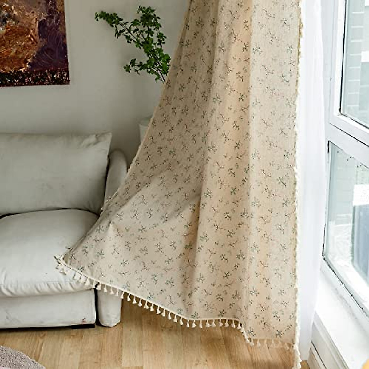 Floral Farmhouse Curtains Closet Semi-Blackout Living Room Drapes 63 Inch Length Cotton Linen Blend Short Bohemian Window Curtain Panels with Tassel Beige Rod Pocket Bedroom Drapes, 1 Panel