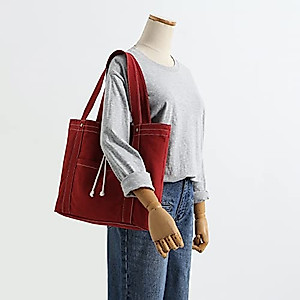 Jeelow 16 oz Washed Canvas Tote Shoulder Bags Purse Handbag For Men & Women Double Handles (Red)