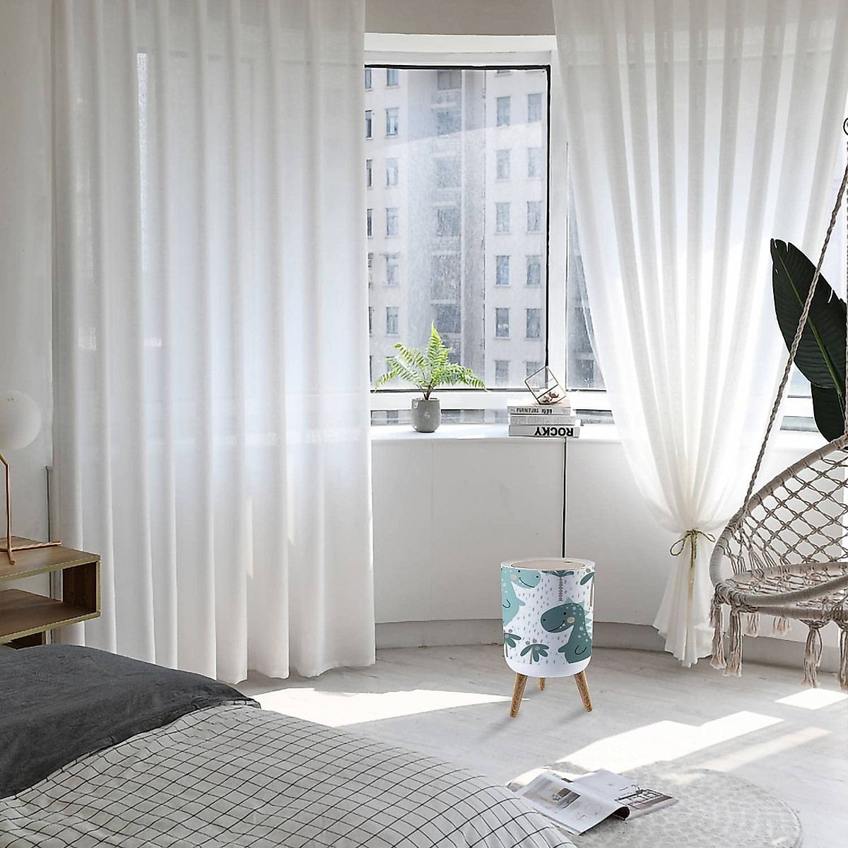 IBPNKFAZ89 Dinosaur Kids Small Cute Bathroom Trash Can with Lid, Kawaii Dog Child Proof Dino Palm Garbage Bin, Wood Waste Bin, Press Cover, Round Wastebasket, 8.66 x 14.3 inch