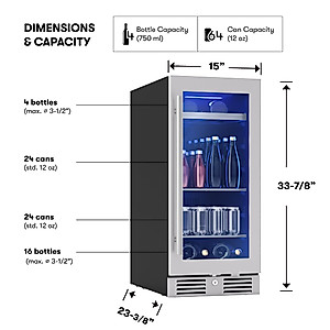 Zephyr Presrv 15" Slim Wine Fridge & Beverage Refrigerator Single Zone Under Counter - Narrow Mini Wine Cooler Small Beer Cabinet Drink Chiller Freestanding with Glass Door, 4 bottles, 64 cans