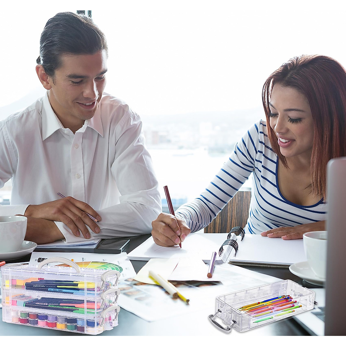 Anstore Storage Bins with Lids, 2 x 3 Tier Stackable Clear Plastic Storage Bins, Storage Container with Handle for Home, Office Supplies and Craft organization and Storage(Pink&Grey)