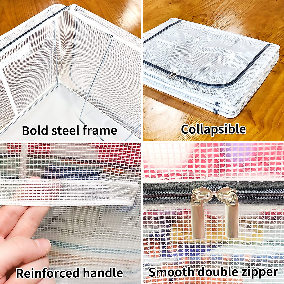 PENGFULL 2 Pack PVC Clear Window Storage Bins,Large Foldable Storage Bins Boxes with Steel Frame, Stackable Container Organizer Set with Carrying Handles,2 Clear Windows,Front Window Take Out, 66L