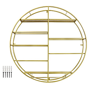 Headery 7 Tier Round Iron Wall Wine Bottle Holder, Wine Storage and Display Rack,Bar Liquor Shelves Shelf with 4 Glass Holder for Kitchen, Party, Bar, Dining Room(Black/Gold (Gold)