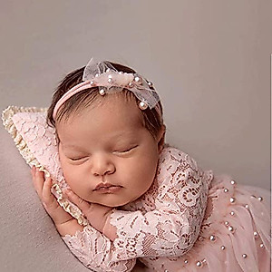 Pink Lace Newborn Photography Outfits Girl Newborn Photography Props Pearl Lace Rompers Newborn Girl Lace Romper Photoshoot Outfits Baby Photo Props (Long Sleeve, Pink, 0-2Months)