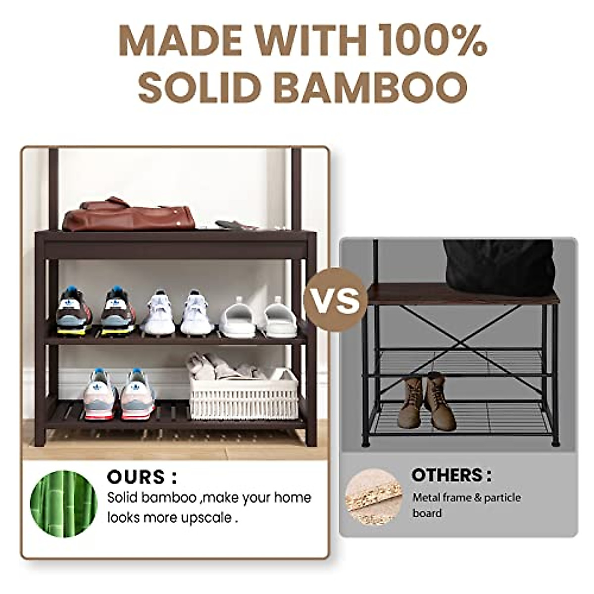 SEIRIONE Bamboo Coat Rack Shoe Bench, 5 in 1 Design Freestanding Hall Tree for Entryway Storage Organizer, 10 Hanger Hooks, 1 Upper Shelf, Easy Assembly,Dark Brown