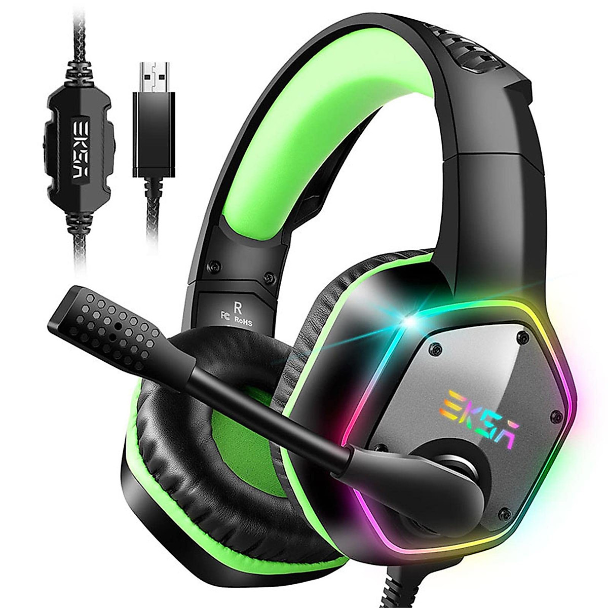 Atrasee USB Pro Gaming Headset for PC PS4 PS5, 7.1 Surround Sound Headphones with Noise Cancelling Microphone, Memory Foam Ear Pads, RGB Lights for Laptop Desktop Mac, Green
