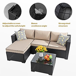 Walsunny Patio Furniture Set 3 Piece Outdoor Sectional Patio Sofa, All Weather Wicker Rattan Outdoor Furniture with Glass Table and Cushions(Black/Khaki)